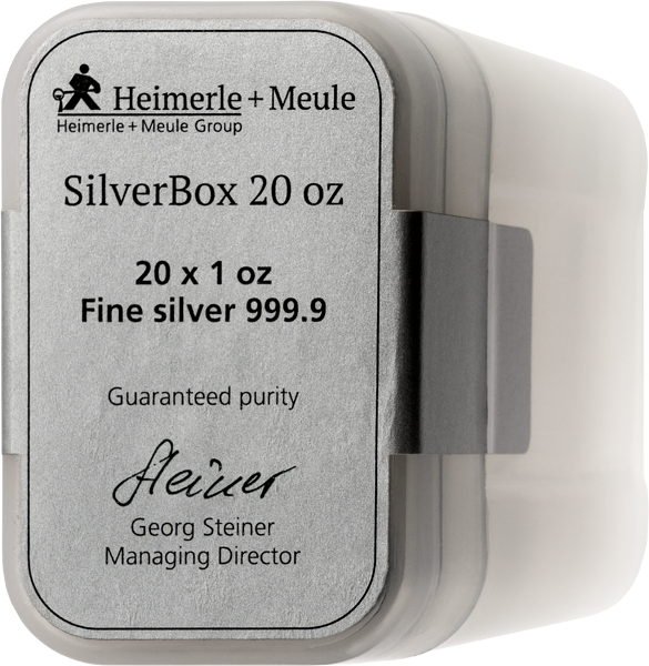 20 x 1 Unze Silberbarren Heimerle & Meule Silver Box