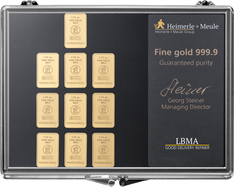 1 Unze - 10 x 1/10 Unze Goldbarren Heimerle & Meul Unity Bar Collection