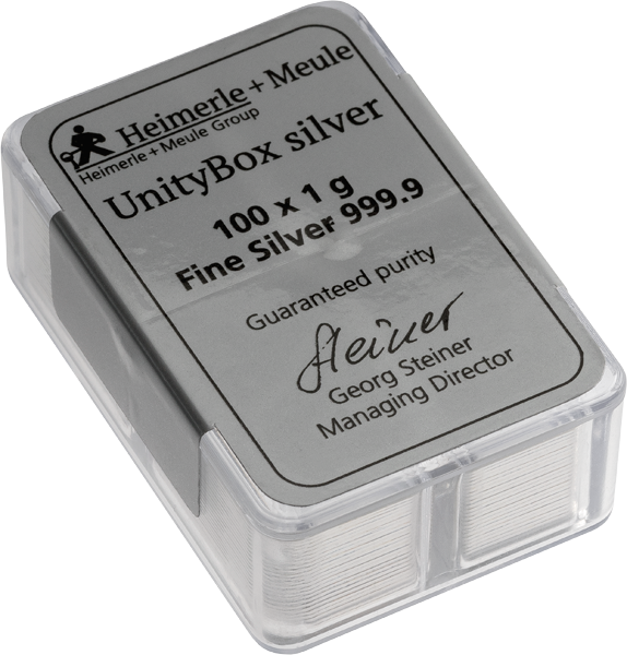100 x 1 Gramm Silberbarren Heimerle & Meule Unity Box